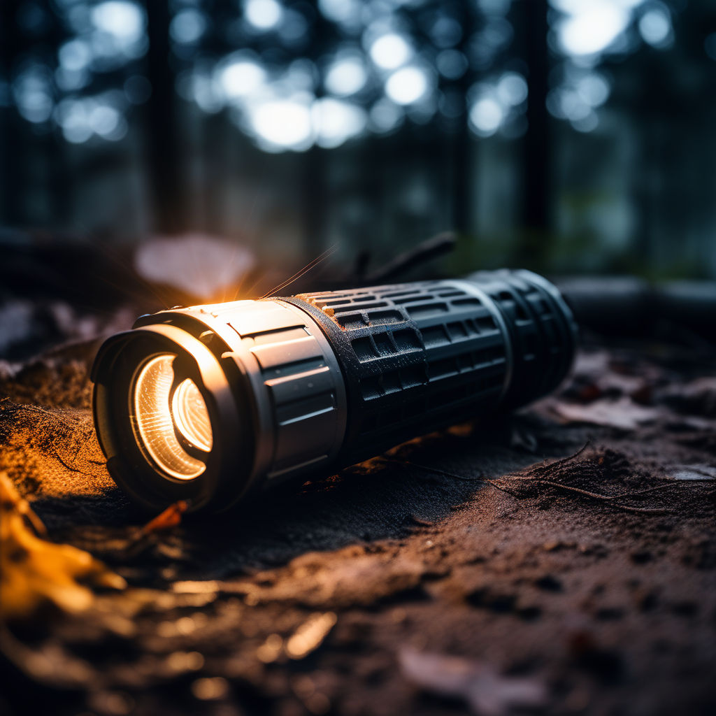 Turned on flashlight lying horizontally on dirt at night in ... by ...