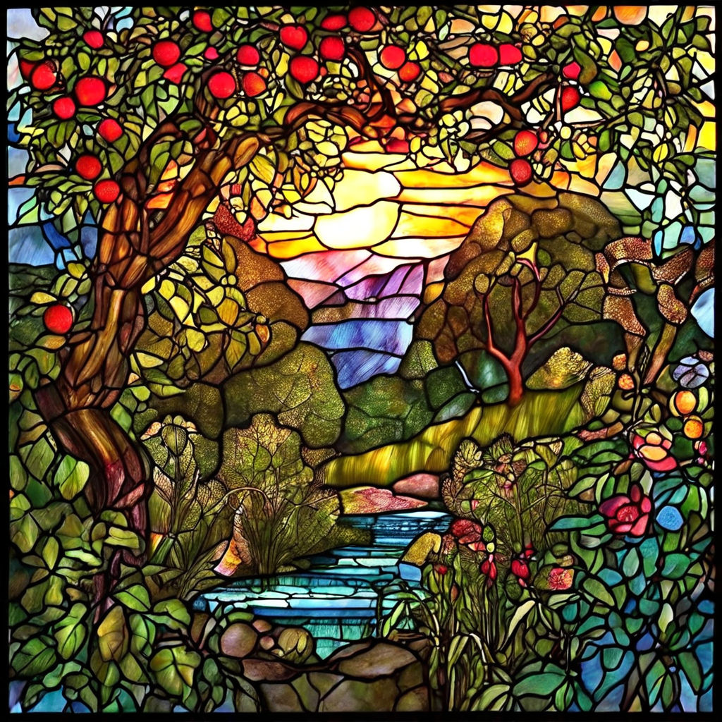 The Garden of Eden. Stained glass window. by C J - Playground