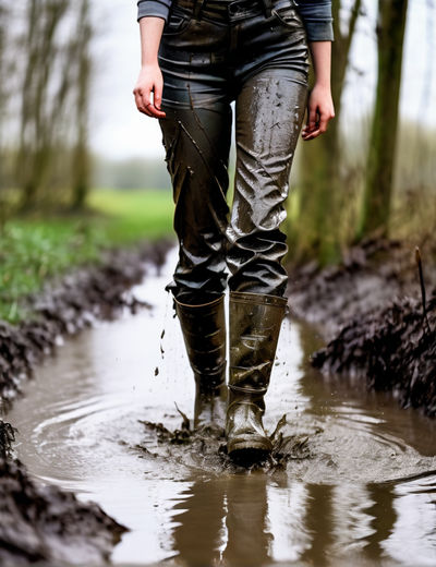 Girs in muddy shiny jeans and thigh muddy boots Fell into a ... by Al ...