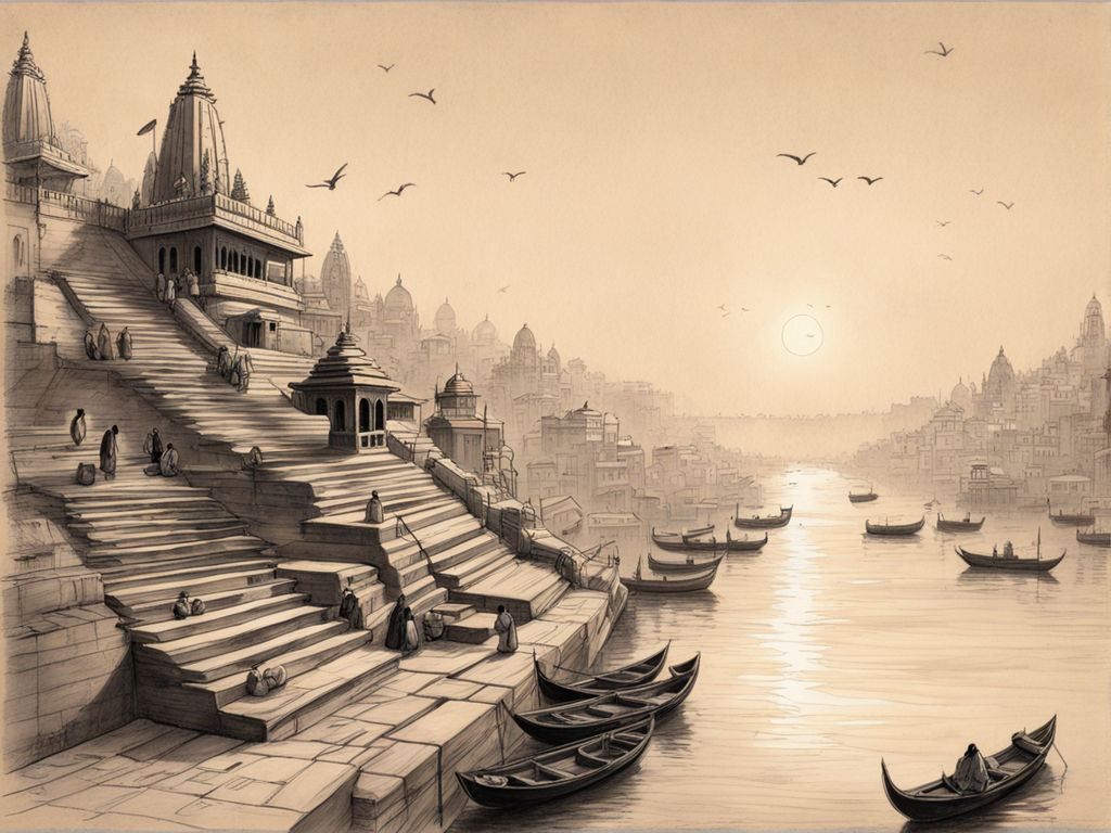 Balck pencil sketch of "An enchanting view of the Varanasi G... by ...