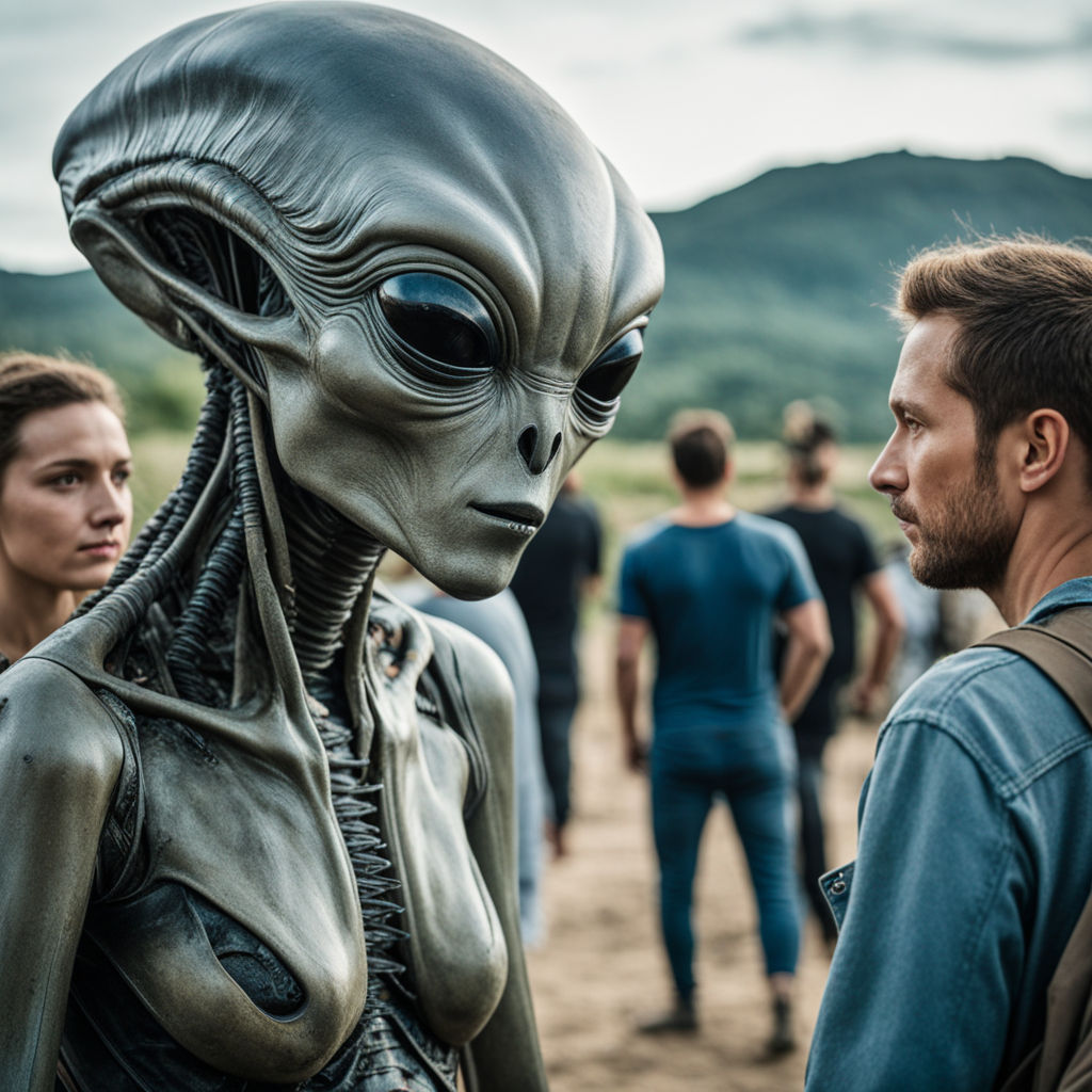 A photo of an alien and people around it that looks like an ... by ...