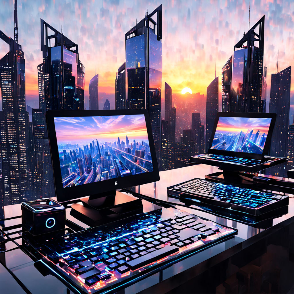 Colossal laptop towers above a city of skyscrapers by Zheki - Playground