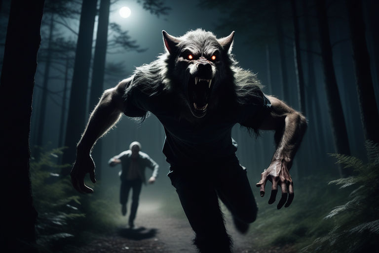 Create a photograph of a fierce werewolf chasing a man in a ... by ...