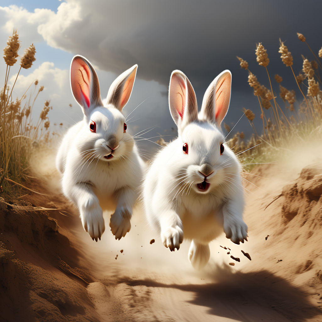 A white rabbit racing toward a rabbit hole by Dindu Nuphen - Playground
