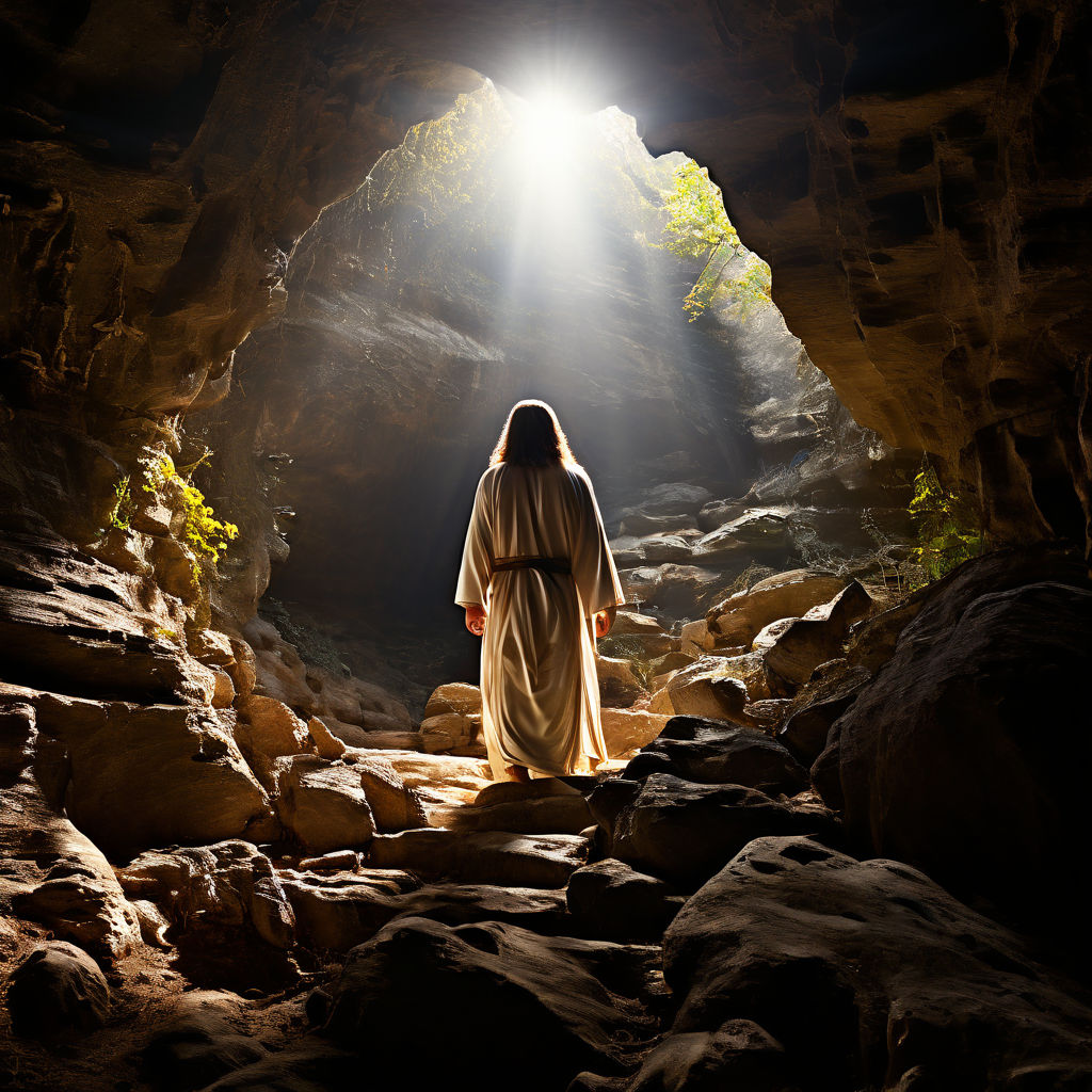 Describe a picture of Jesus emerging from the cave after his... by ...