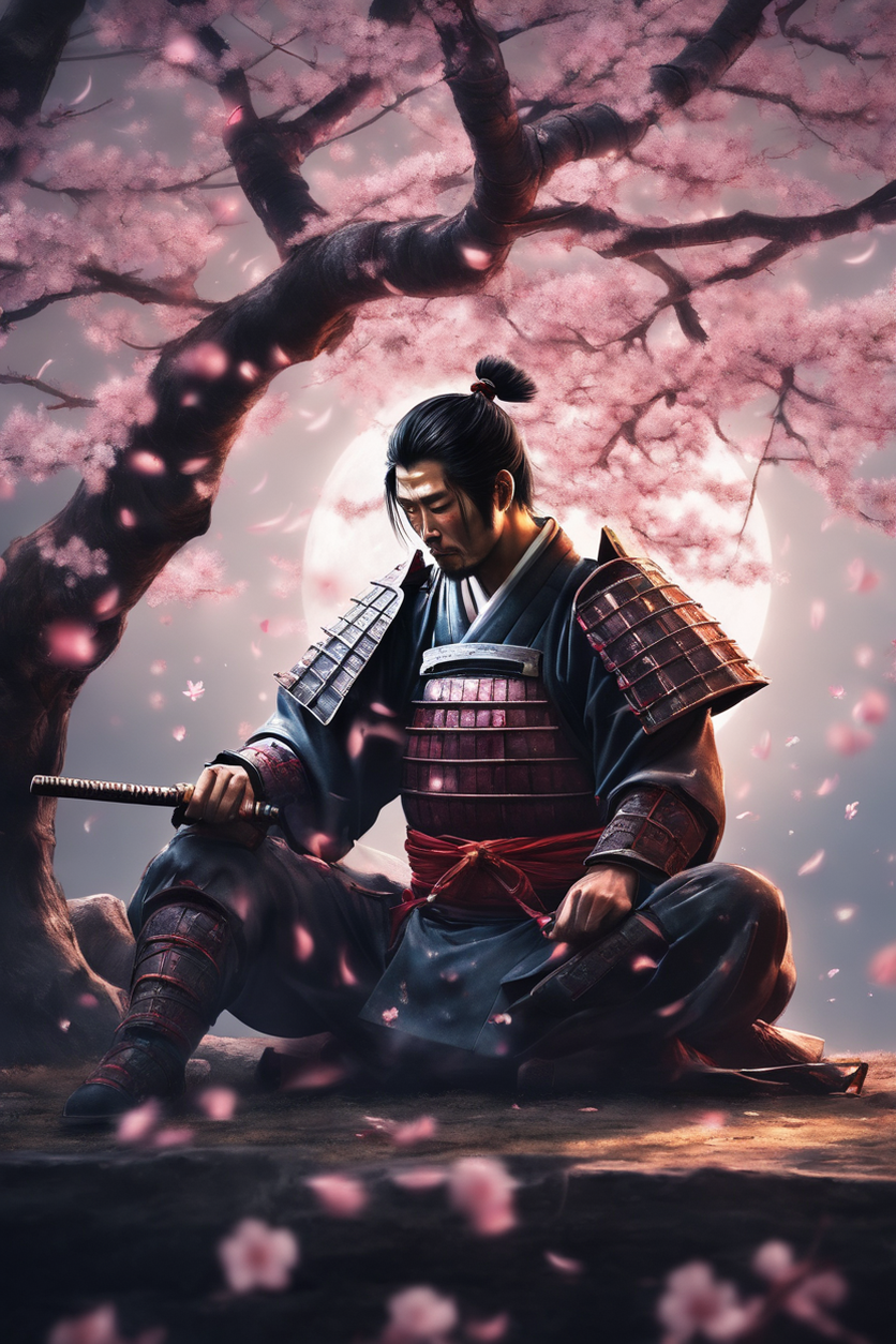 Samurai seated under a cherry blossom tree by A T - Playground