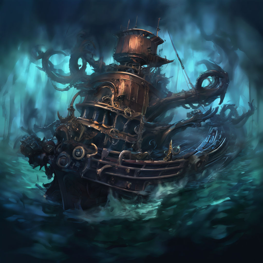 Steampunk boat in the water with a kraken by Hex shadow - Playground