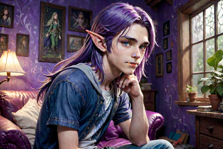 A violett hair 18 years cute teenage elven-Boy in his magica... by Ruby - Playground