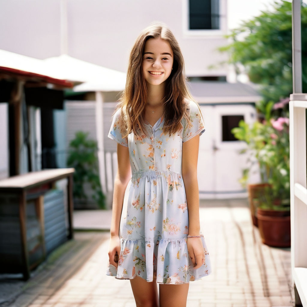 A full-body portrait of a 17 years old girl standing sideway... by まつり ...