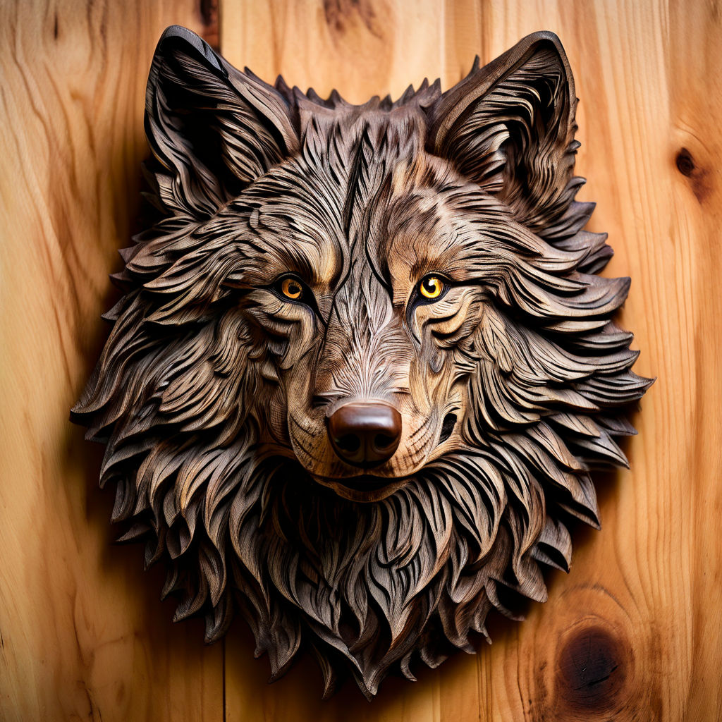 Portrait of a crafty wolf shaped from intricately carved woo... by ...