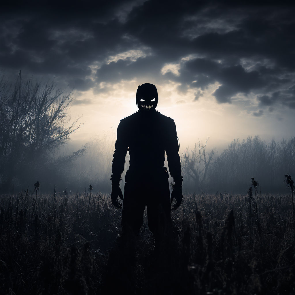 A scary creepy silhouette with smile standing in the rae fie... by A ...