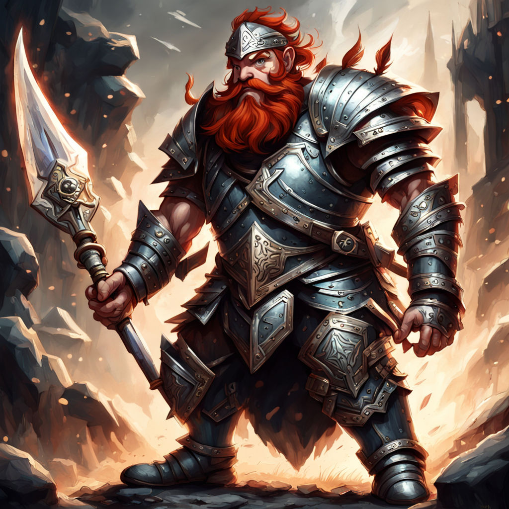 A red bearded dwarf in full plate armour wielding a silver g... by ...