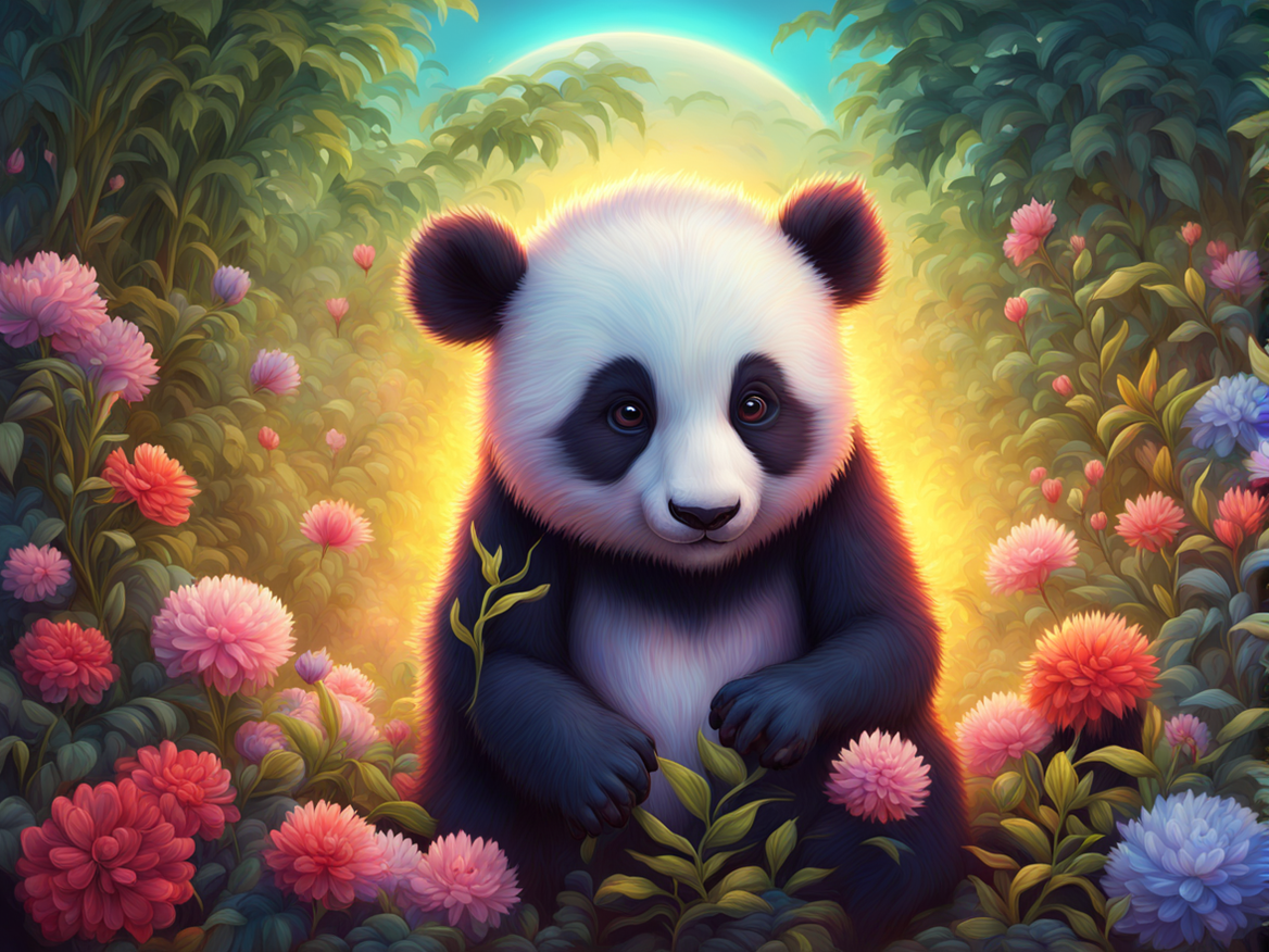 Illustration of a furry alien panda in an enchanted garden a... by ...
