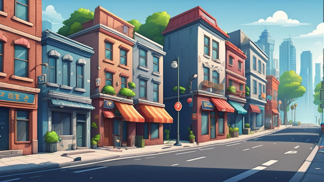 Cartoon 2d street have side view buildings from right and le... by ...