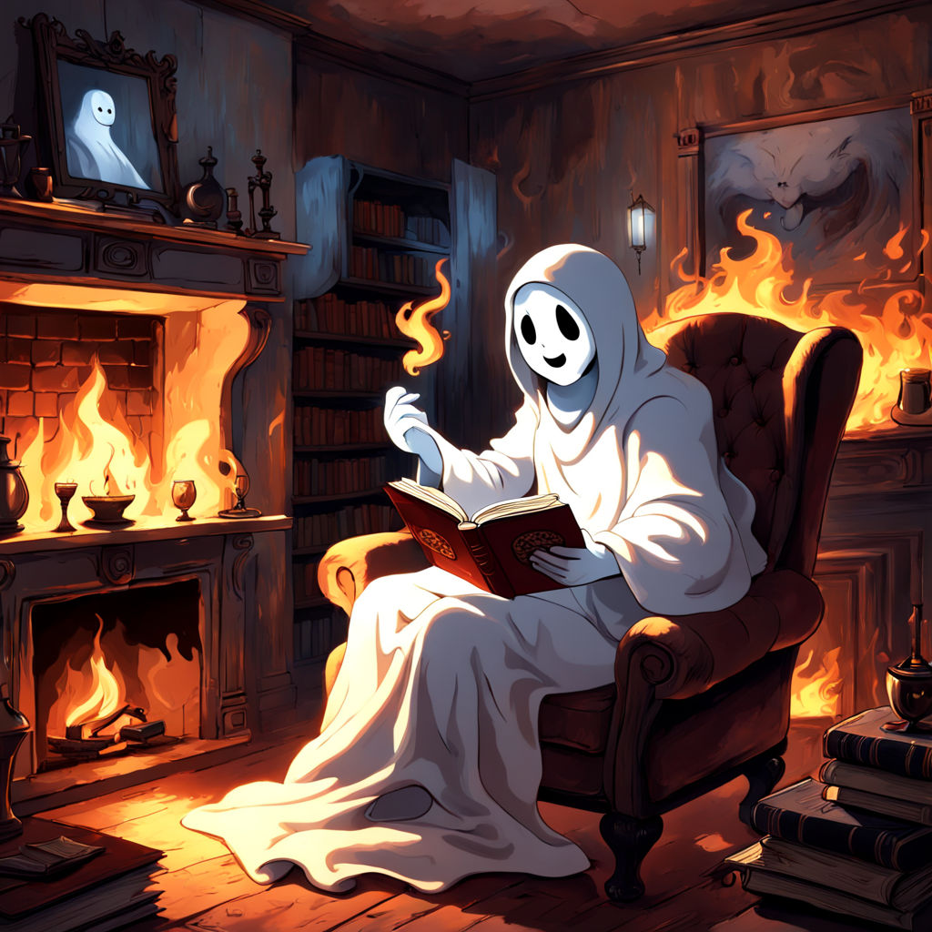 Casper the friendly ghost seated alongside a roaring firepla... by ...