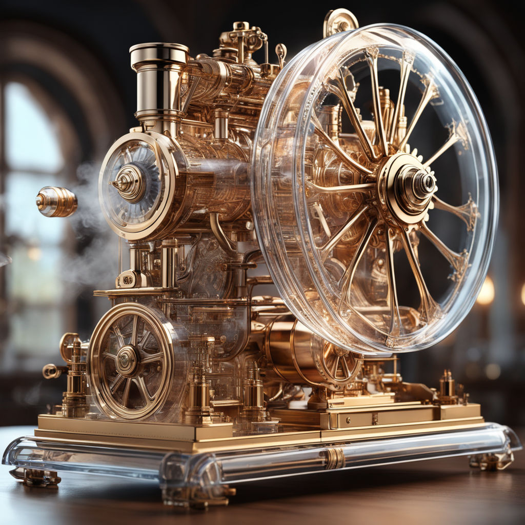 Close-up view of a transparent steam engine in action placed... by ...