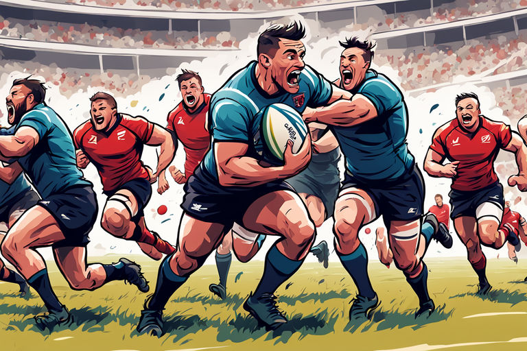 Cartoon illustration of animated rugby players in an intense... by ...