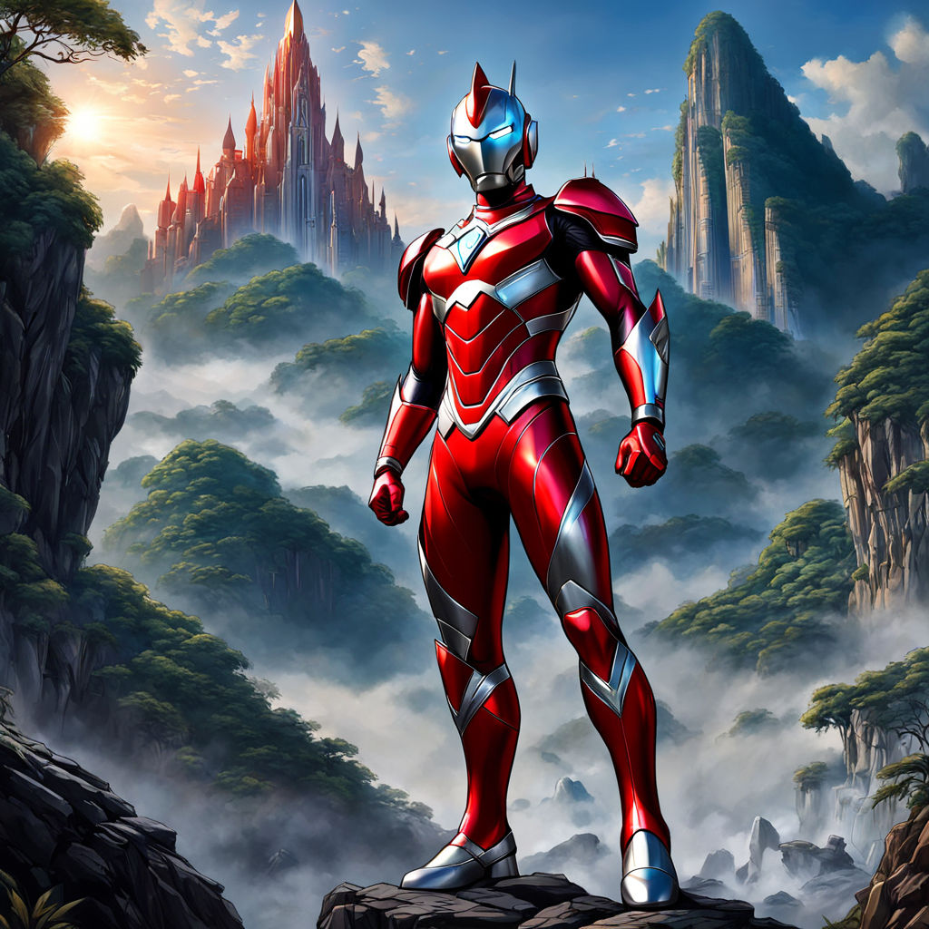 Ultraman Thailand character adorned in a red suit intersecte... by ...