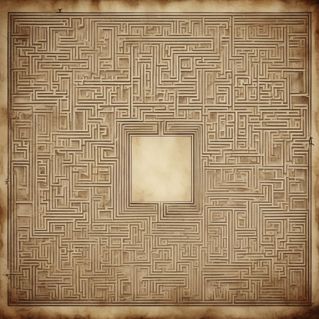 An ancient map of a square maze with an empty rectangle in t... by ...