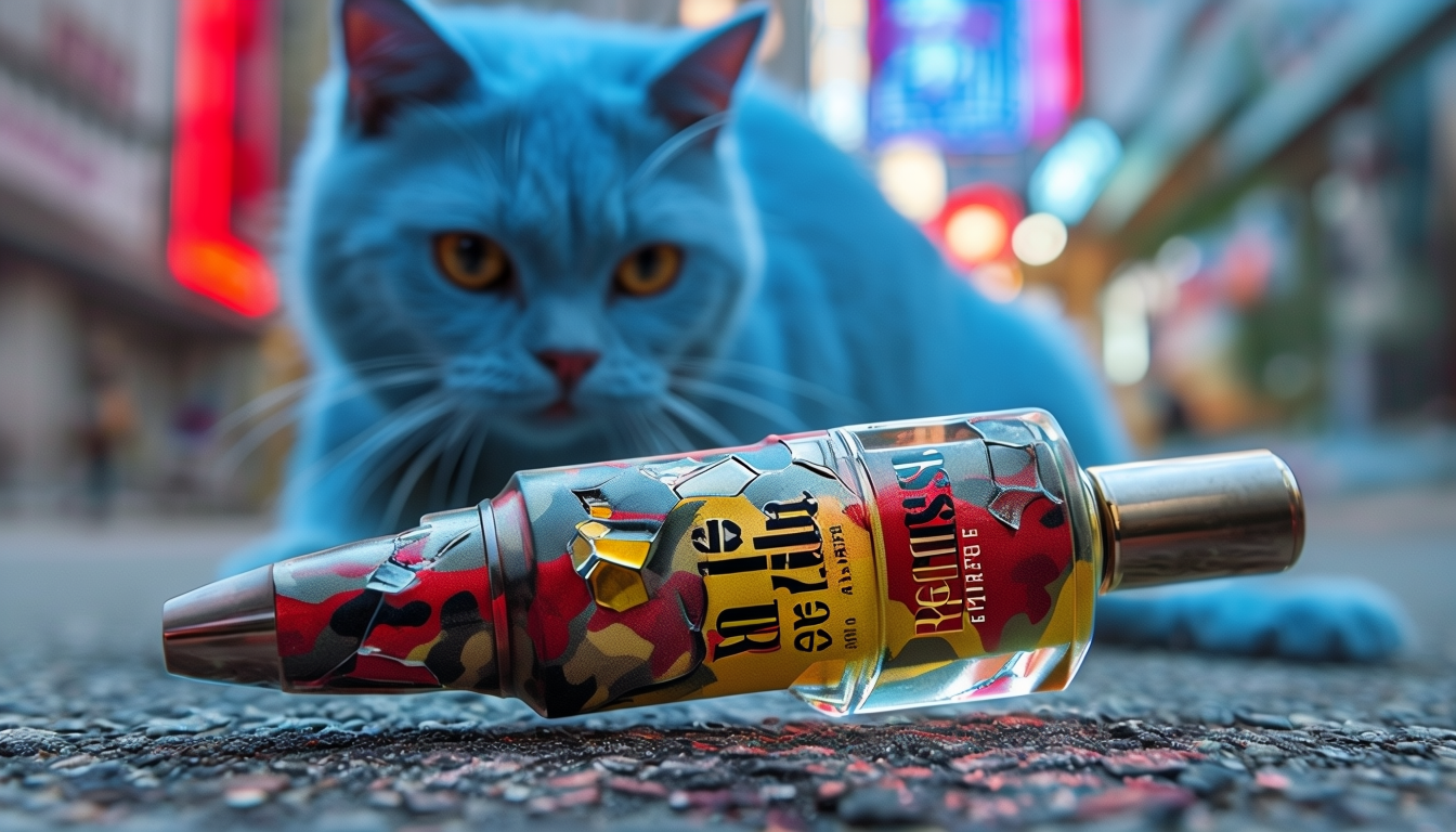 A striking scene shows a bullet-shaped perfume bottle restin... by ...