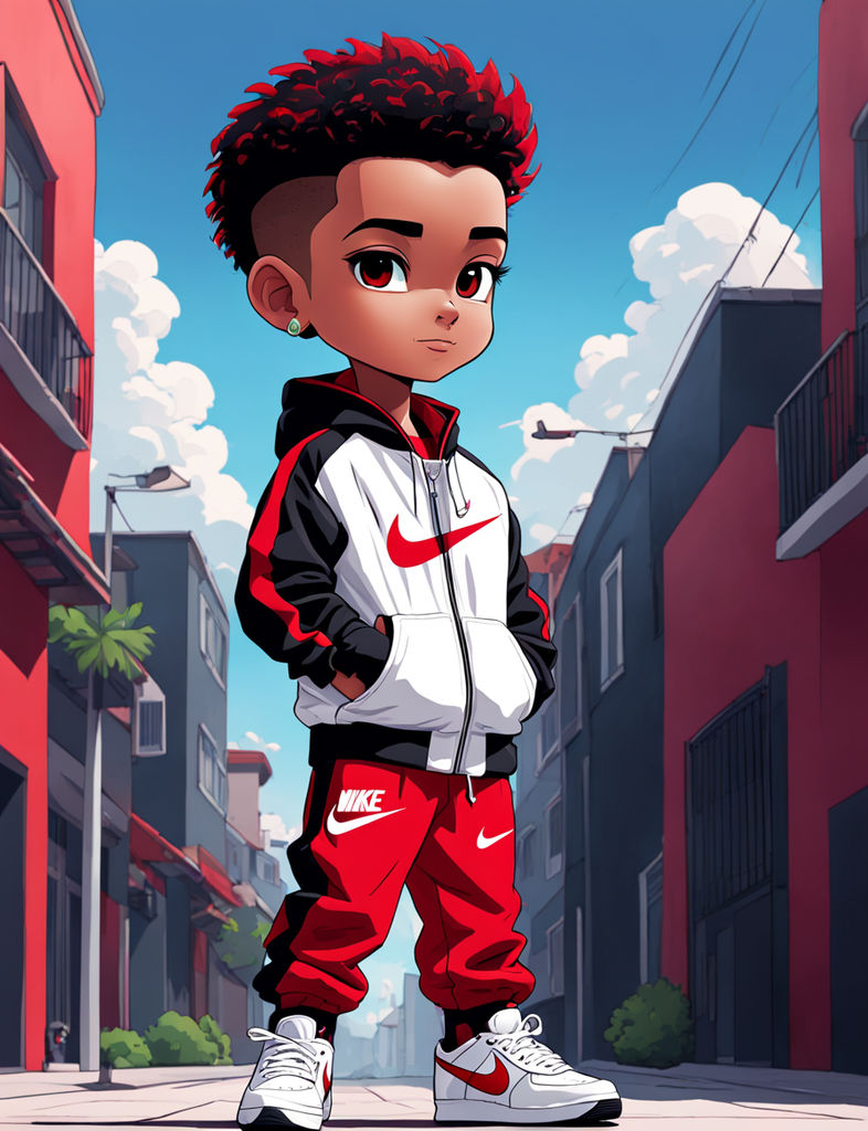 Cartoon boy with light skin tone dons black and red Nike tra... by Ryan ...