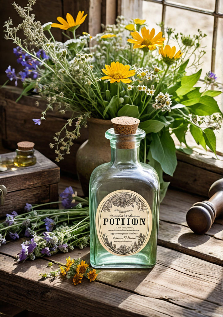 A handmade potion bottle surrounded by an arrangement of fre... by ...