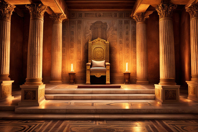 Ancient Greek palace interior featuring king's throne elevat... by ...