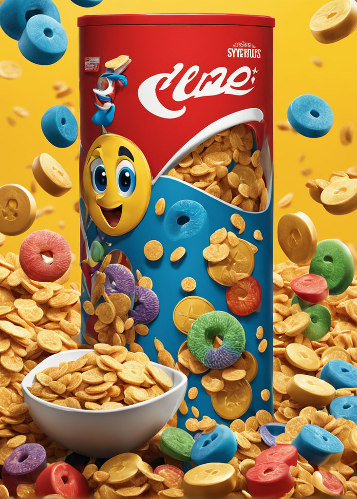 A cereal box ad poster with the cereal pieces being coins by Rahkshi ...