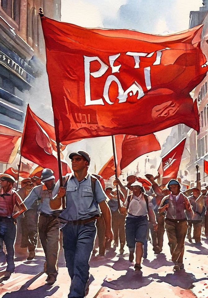 Watercolor depiction of workers marching in a demonstration ... by Vlad ...