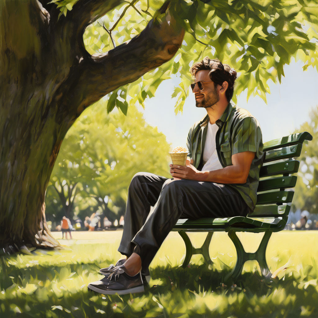 Stout man sitting on a park bench by Mama.L Caley - Playground