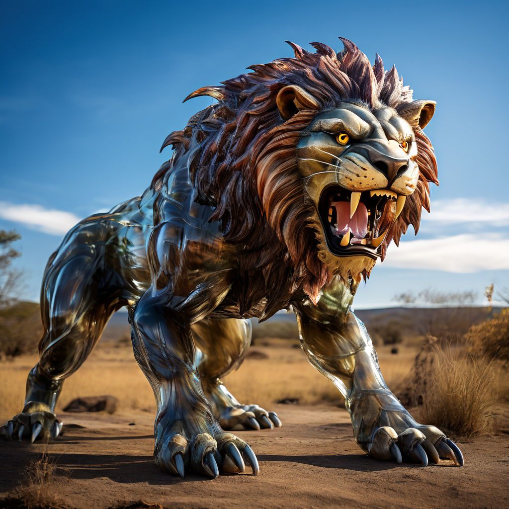 Angry lion monster made out of glass. Full body picture. in... by ...