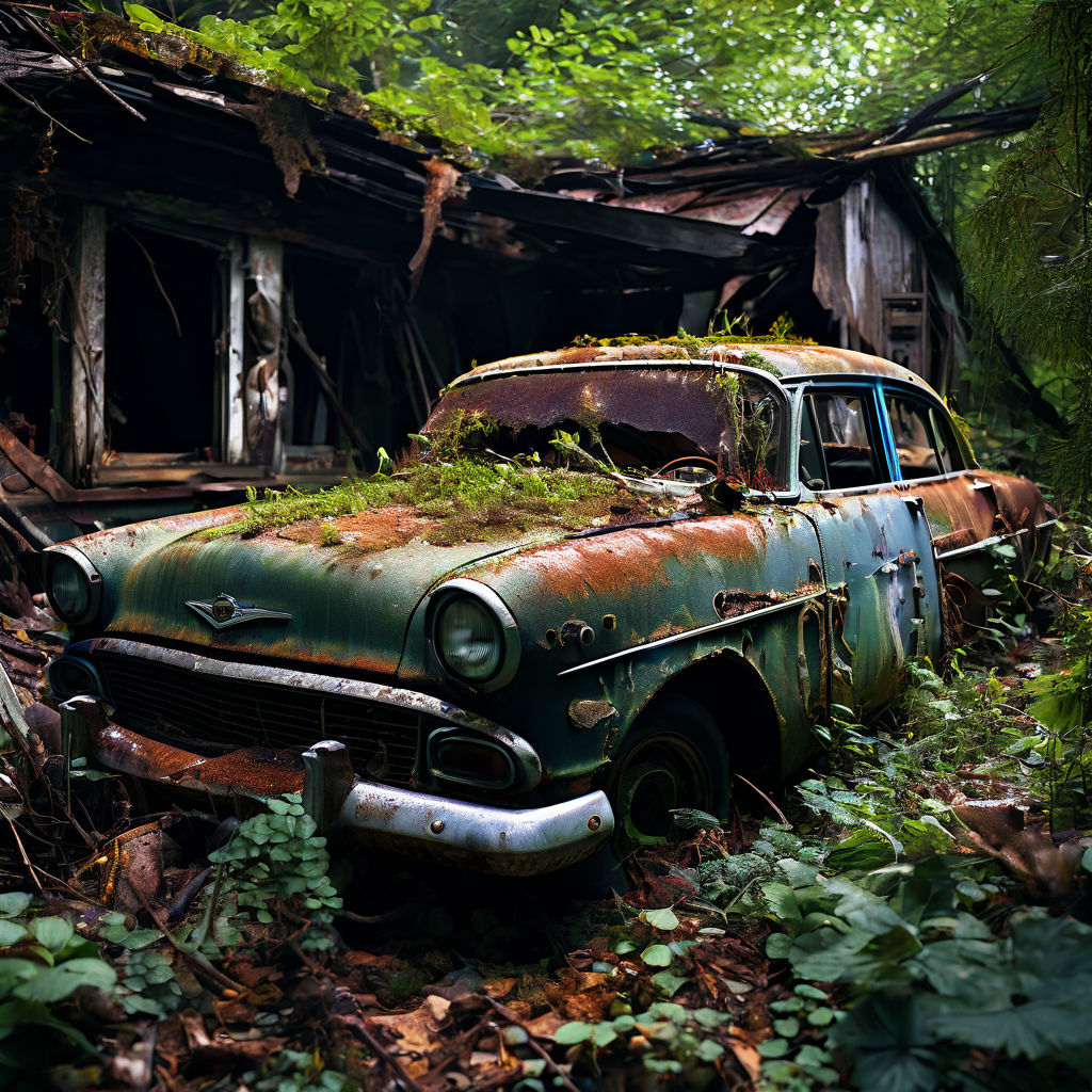 A rusty old car parked outside a destroyed house in the over... by Joe ...