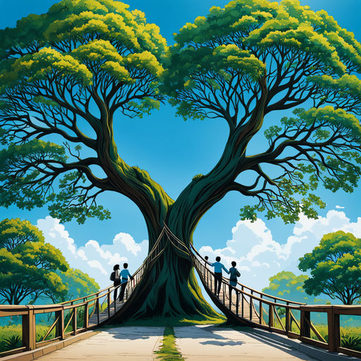 The image shows two large trees leaning towards each other a... by 김동현 ...