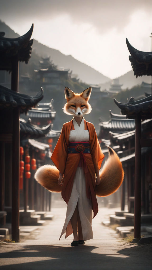 A fox face with an oriental female form and nine fox tails by michael ...