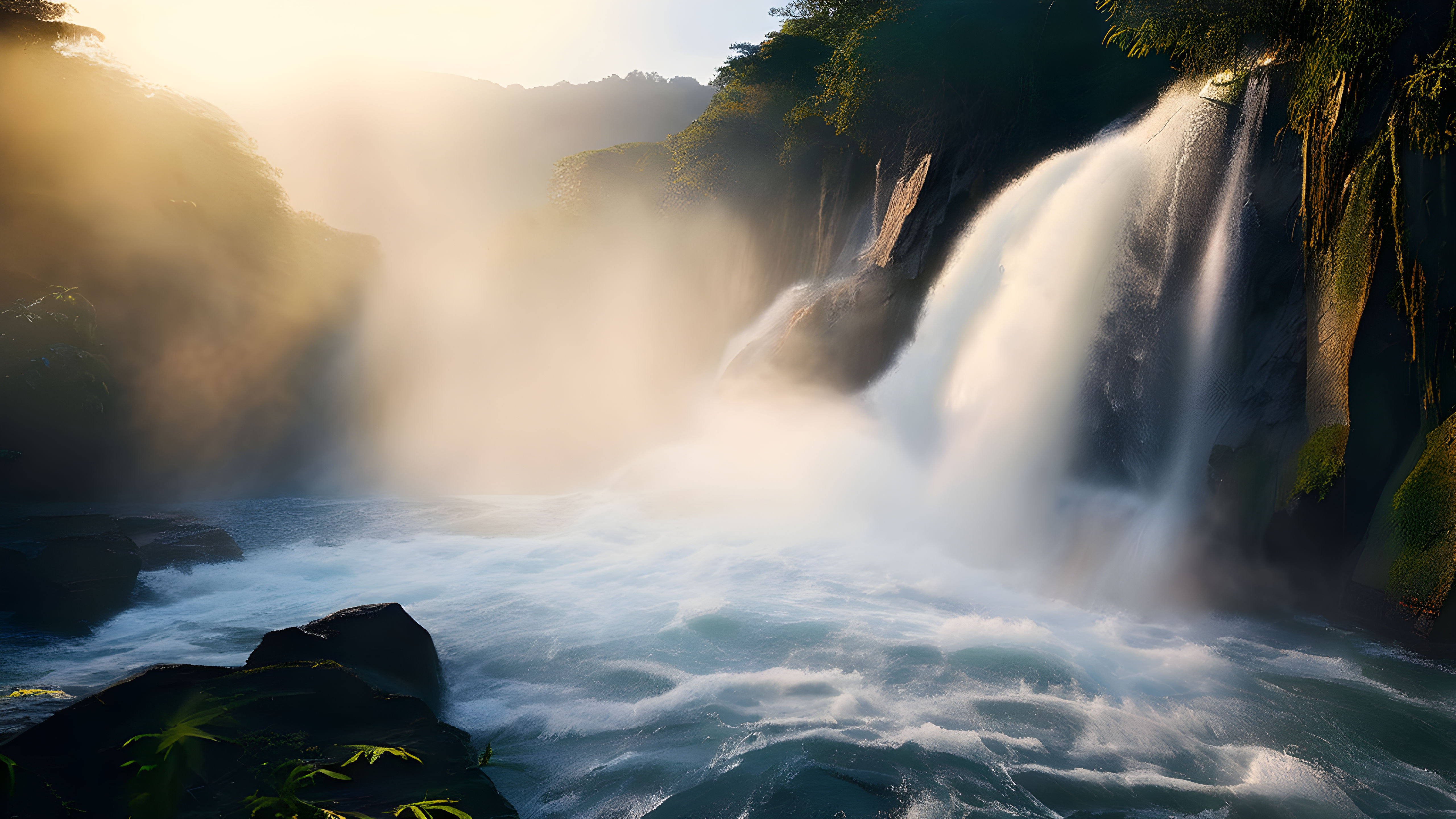 A wild waterfall with crashing water and mist that sprays up... by ...