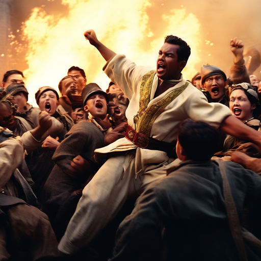 A dramatic cinematic tableau illustrating the tension and ch... by ...