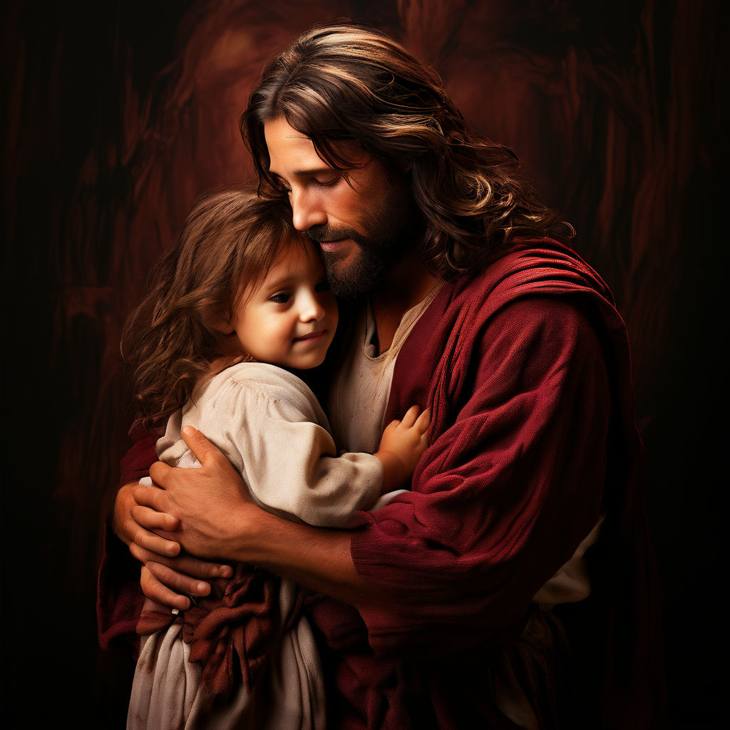JESUS HUG A CHILD WITH MAROON BACKGROUD by sanjay behera - Playground