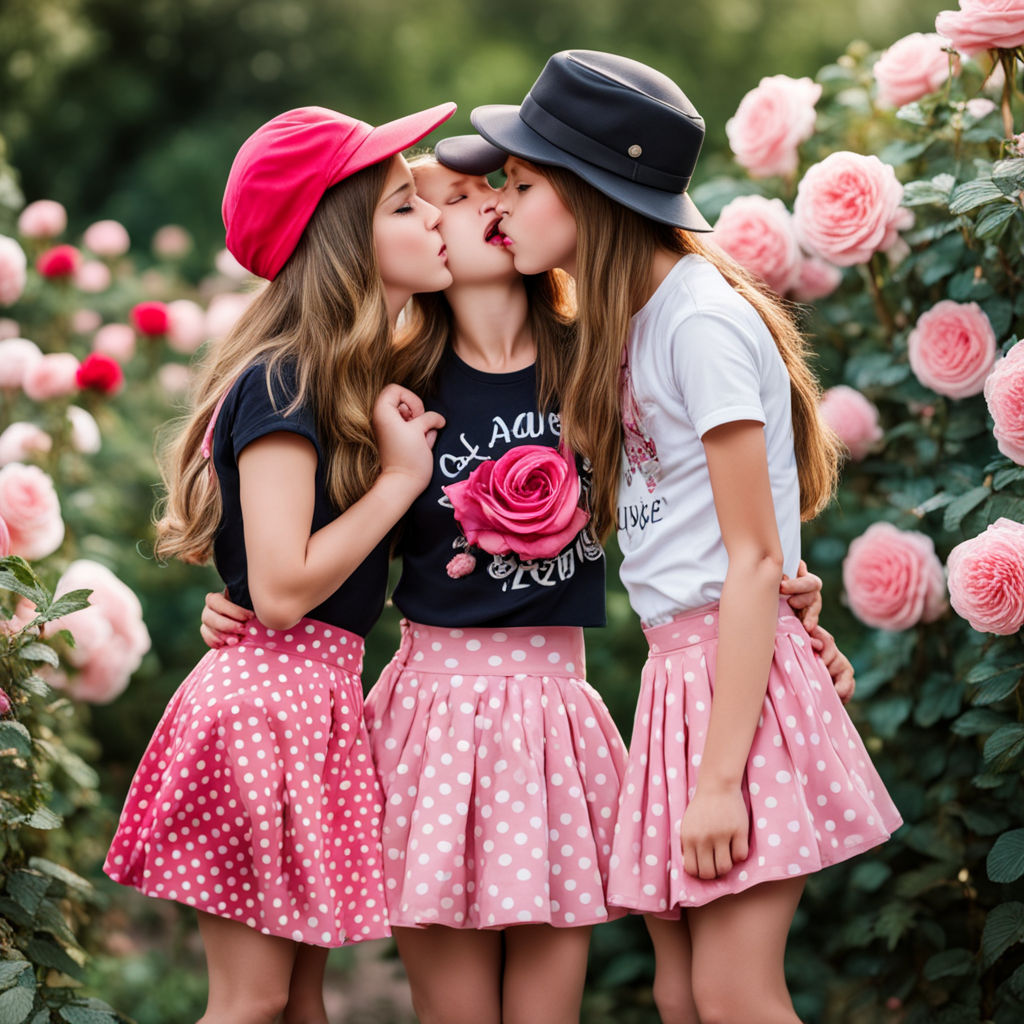 Young girls in love kissing in a rose garden wearing polka... by Daniel Cook - Playground