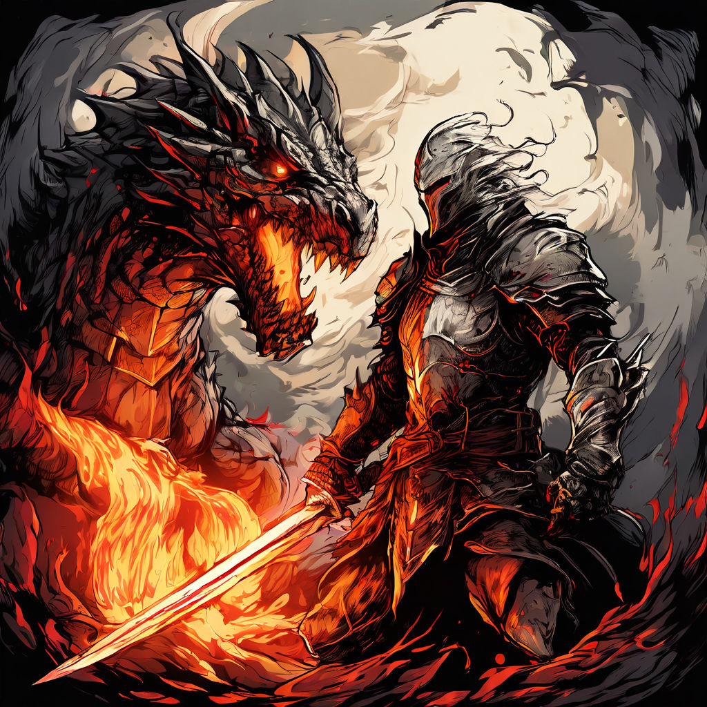 A hand-drawn knight with sword and shield facing a ferocious... by ...