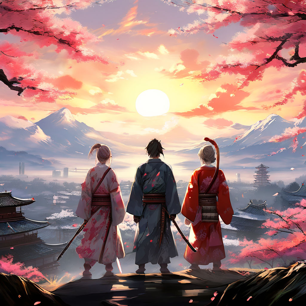 Iconic anime characters clad in traditional Japanese attire by CHEN ...