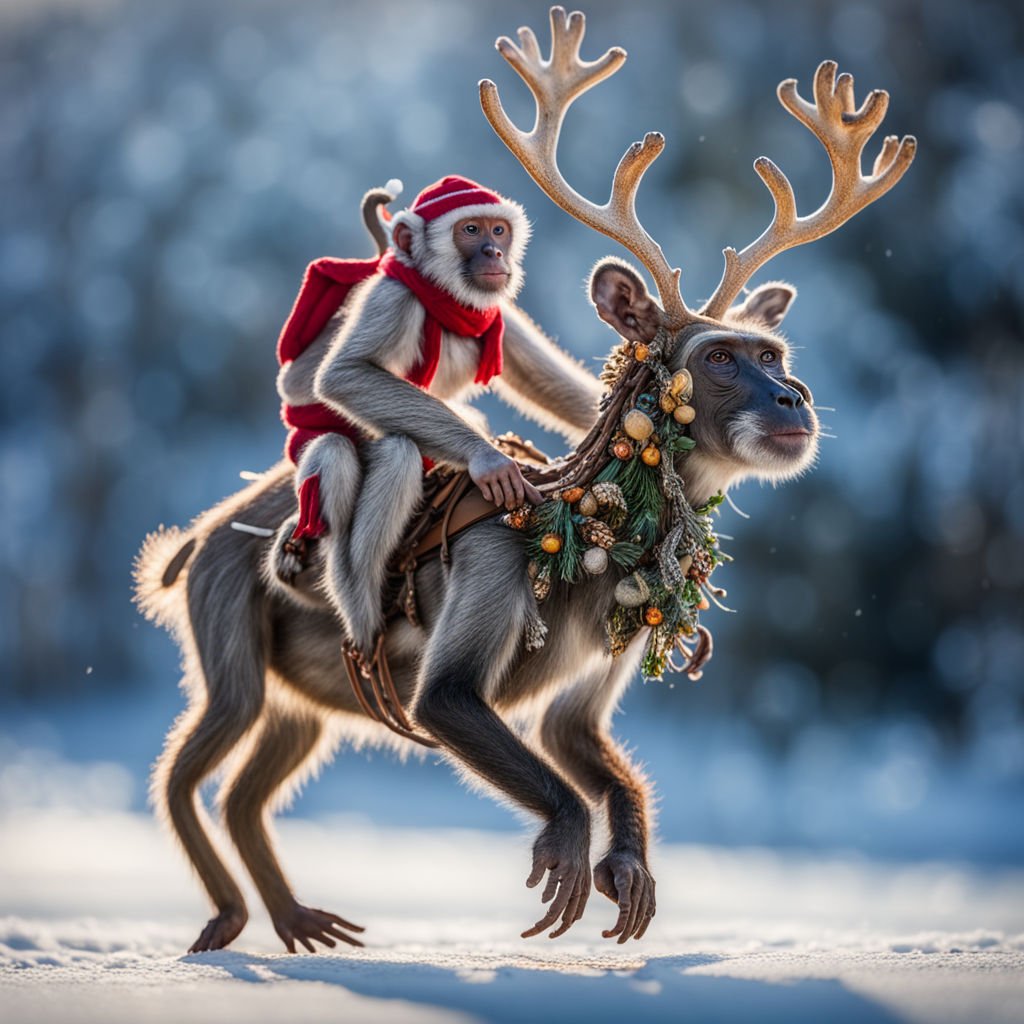 A monkey is riding a running reindeer on the Great American ... by 波加 ...