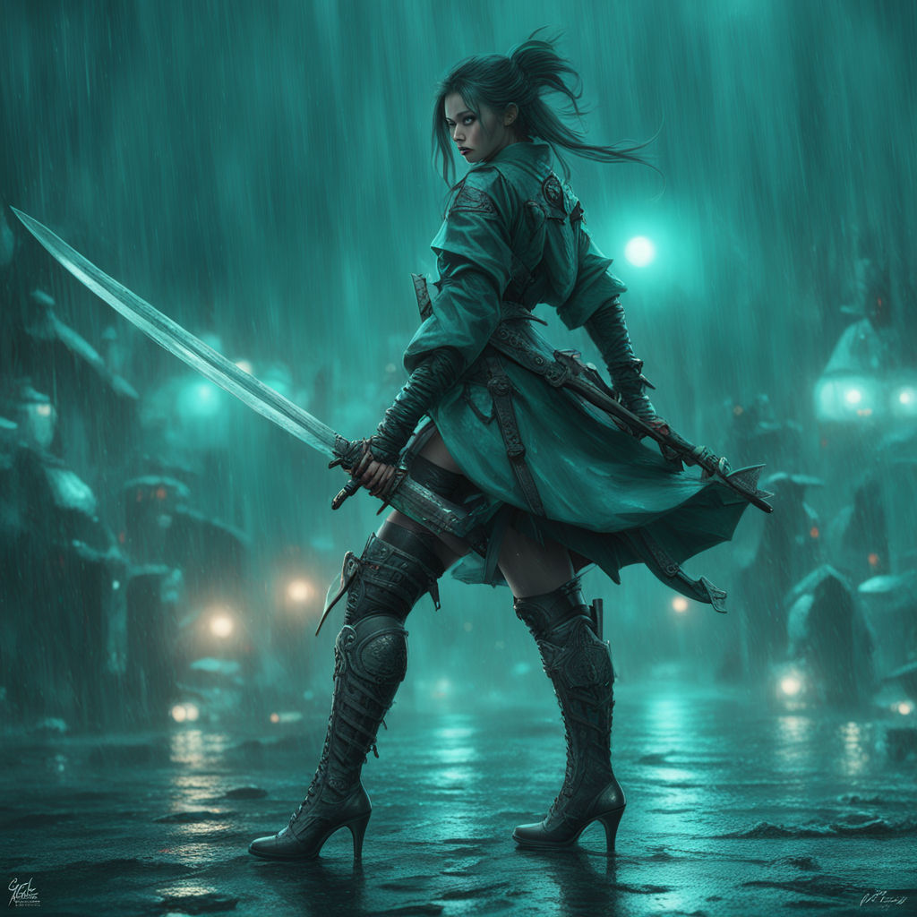 Female cyberpunk samurai with a sword wearing high heel boot... by CR ...
