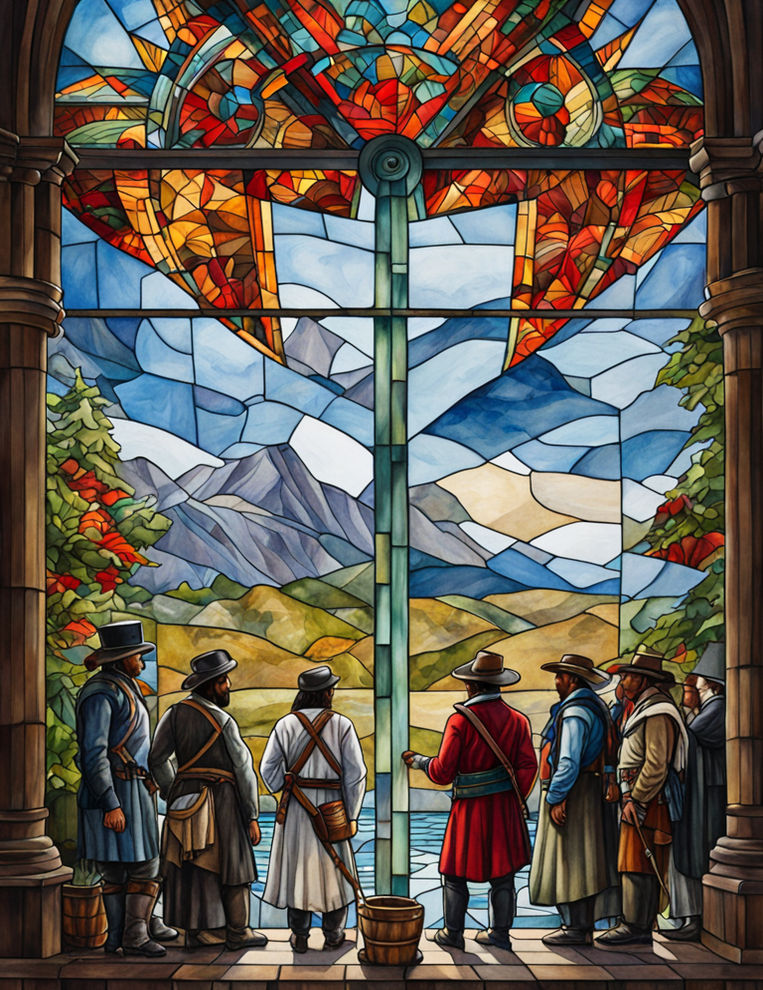A stained glass window depicting a revolution in 19th centur... by Josh ...