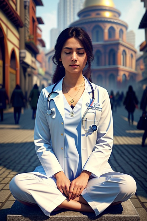 3D A beautiful woman doctor meditating in town by Wesley F - Playground