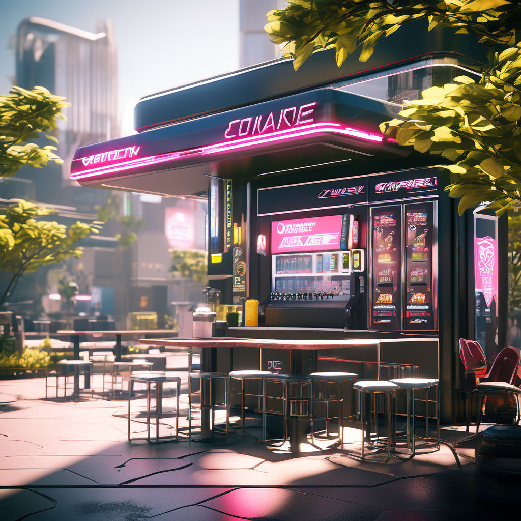 Cyberpunk 2077 style cafe with vending machines and tables by Star Soup ...