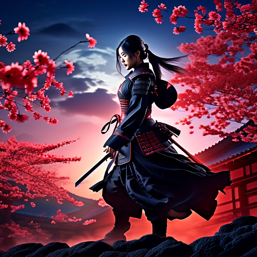 A kunoichi (female ninja) clad in traditional black garb ste... by ...