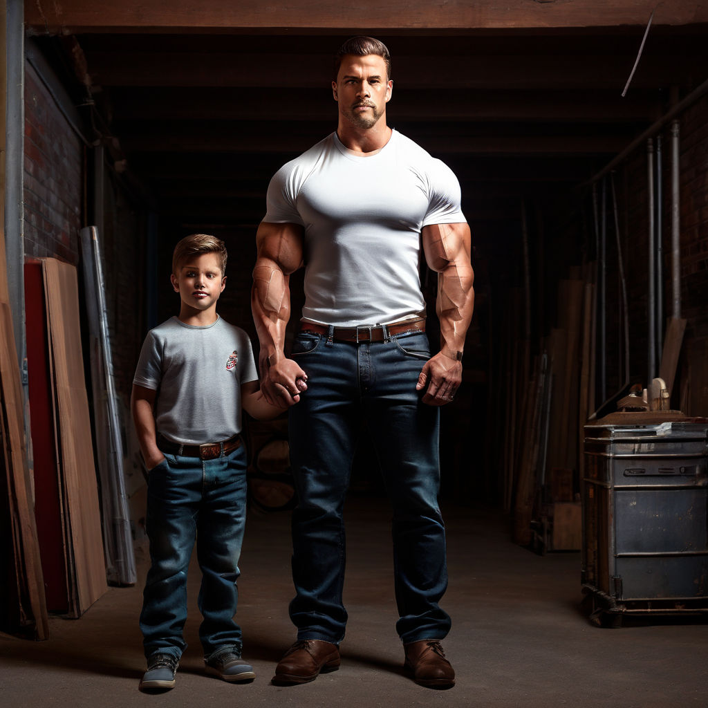 Make A 505 Feet Tall Muscular Man Holding A 6 Feet Tall Man By