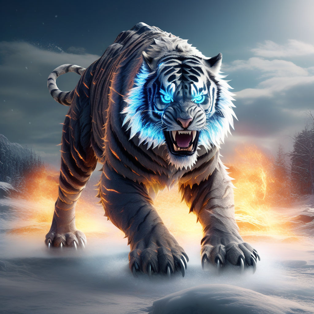 Make a scary big tiger monster that has a power of ice and f... by ...