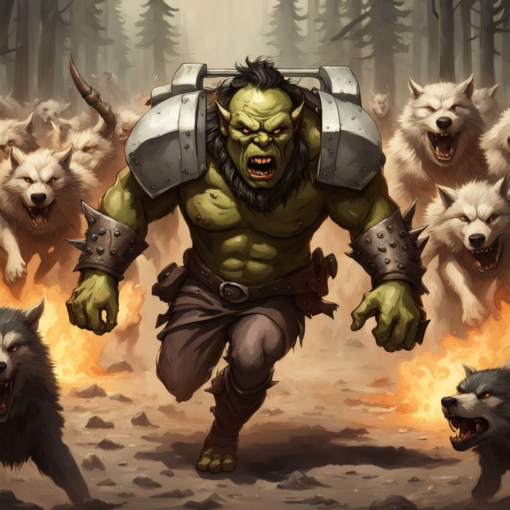 Orc running away from an army of wolves with a toaster in ha... by Cian ...
