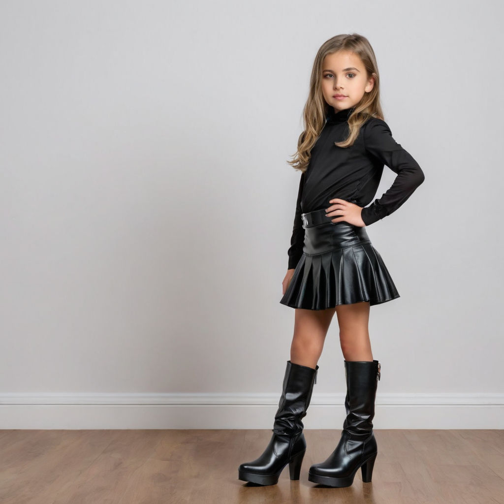 Stern looking 9 year old girl wearing black tight leather mi... by ...